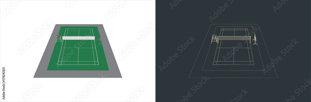 Vector Badminton court Technical Illustration line art on the blueprint ...