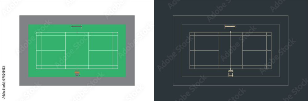 Vector Badminton court Technical Illustration line art on the blueprint ...