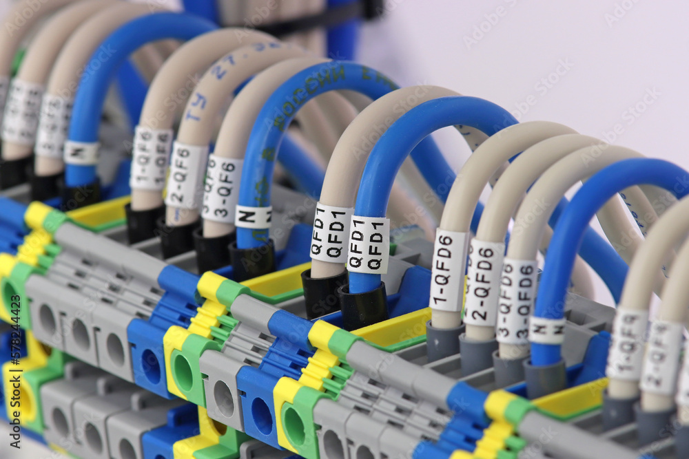 Electrical screw terminals with connected insulated copper wires with ...