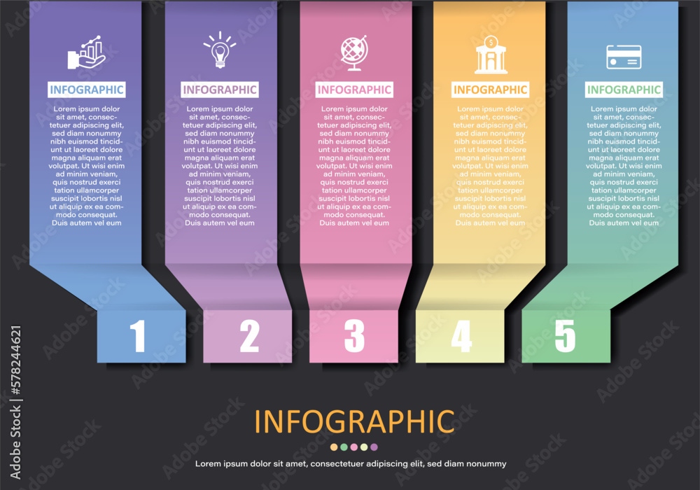 Vector infographic showing steps or sequence of 5 steps as a ribbon ...