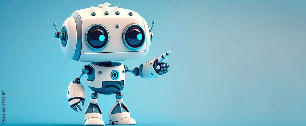 cute android robot pointing fingers at copy space on light blue ...