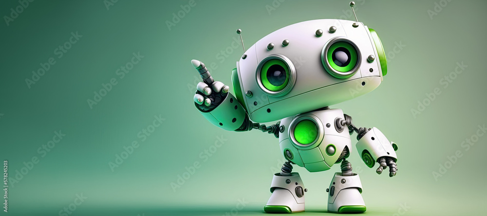 cute mini robot pointing fingers at copy space on green background ...