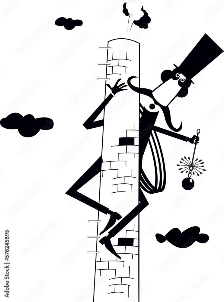 Chimney sweeper, rope, chimney brush, stove pipe. Cartoon chimney ...