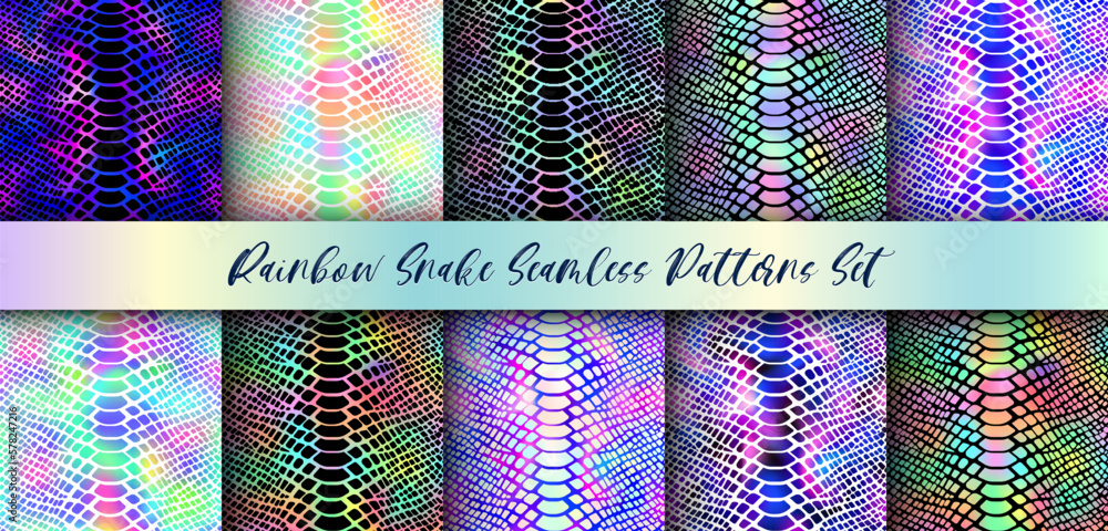 Trendy rainbow snake skin vector seamless patterns set. Neon wild ...