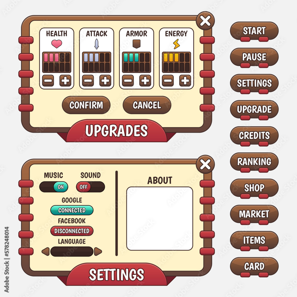 Vector game template gui kit. Game graphical user Interface GUI for ...