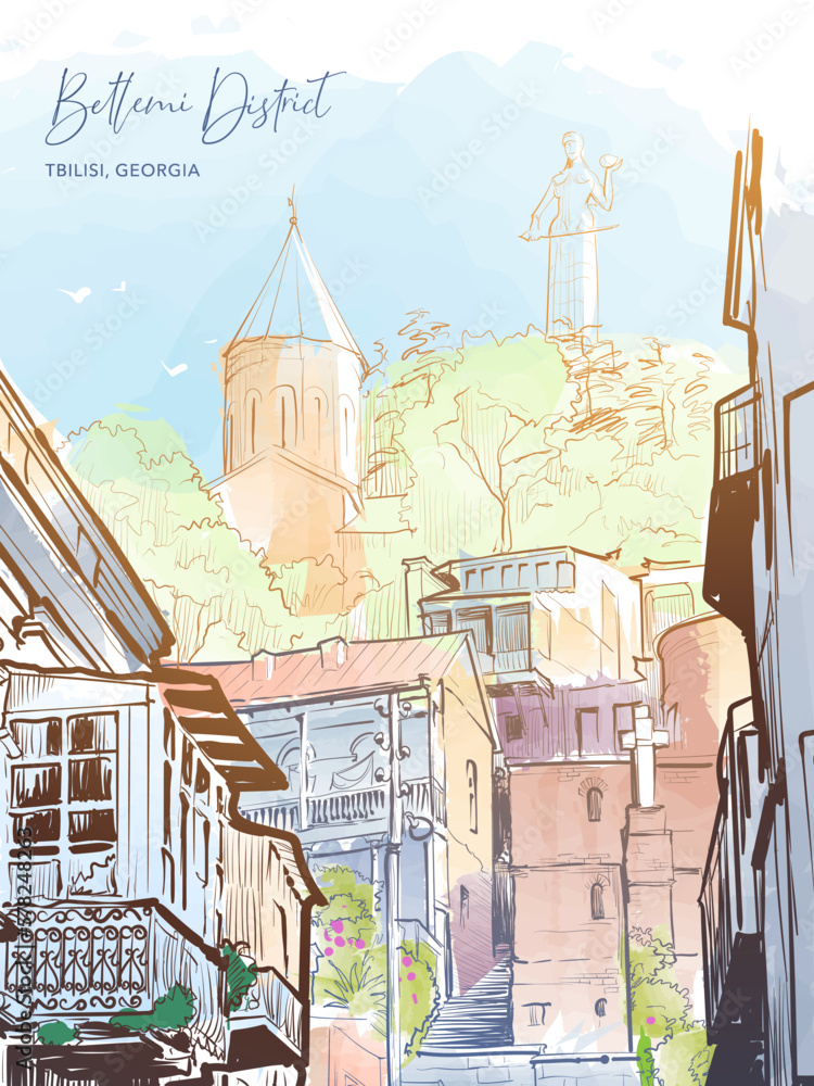 Vecteur Stock Narrow street leading to Betlemi district in Tbilisi ...