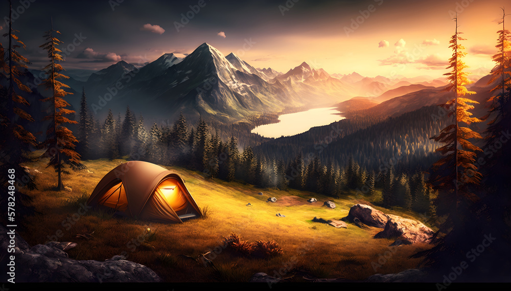 Beautiful illustration of a camping scenery. Sunset on a mountains and ...