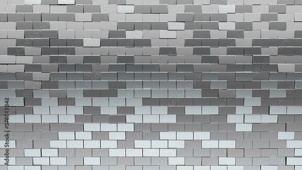 3D, Rectangular Mosaic Tiles arranged in the shape of a wall. Silver ...