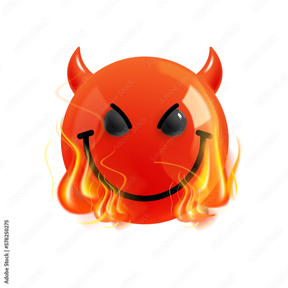 Emoji face of a cunning devil on fire. Realistic 3d design. Emoticon ...