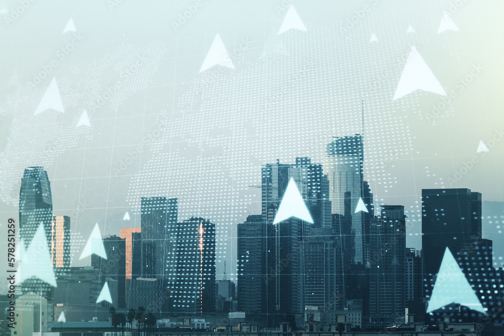 Double exposure of abstract virtual world map with pins hologram on Los ...