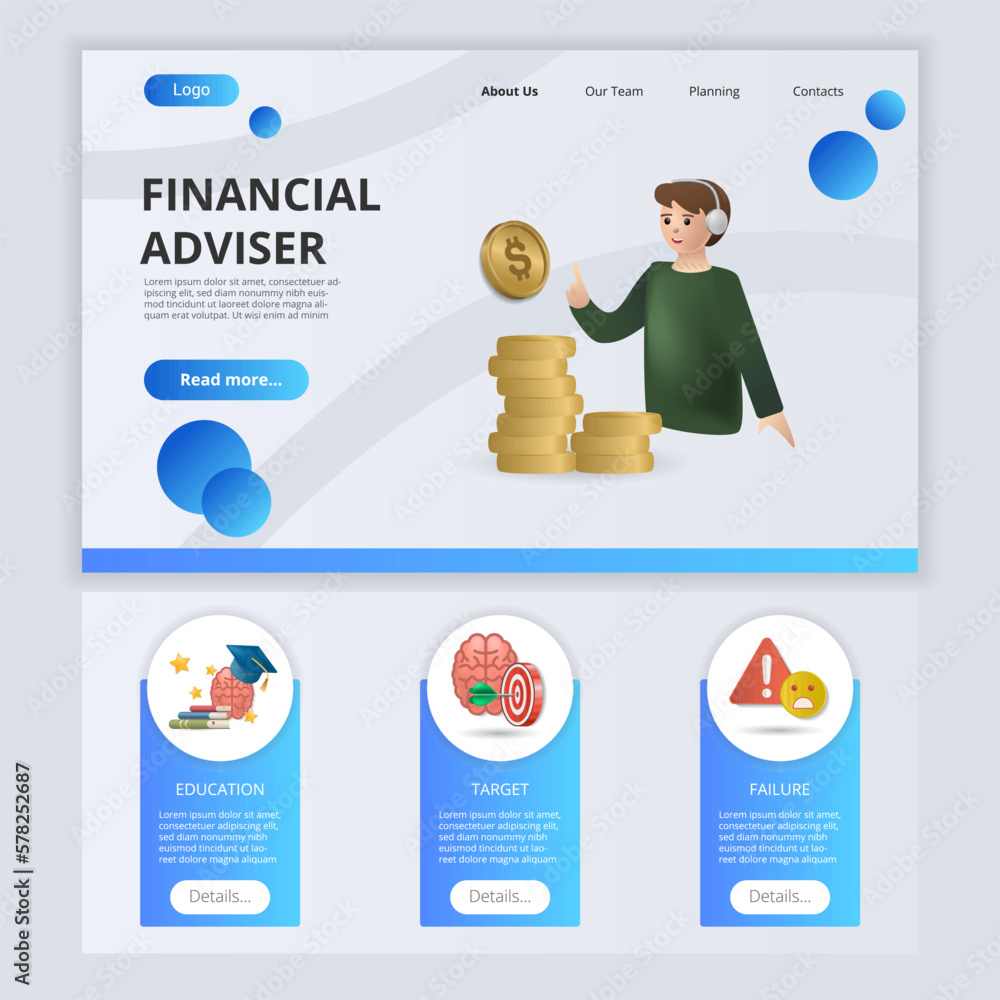 Financial adviser flat landing page website template. Education, target ...