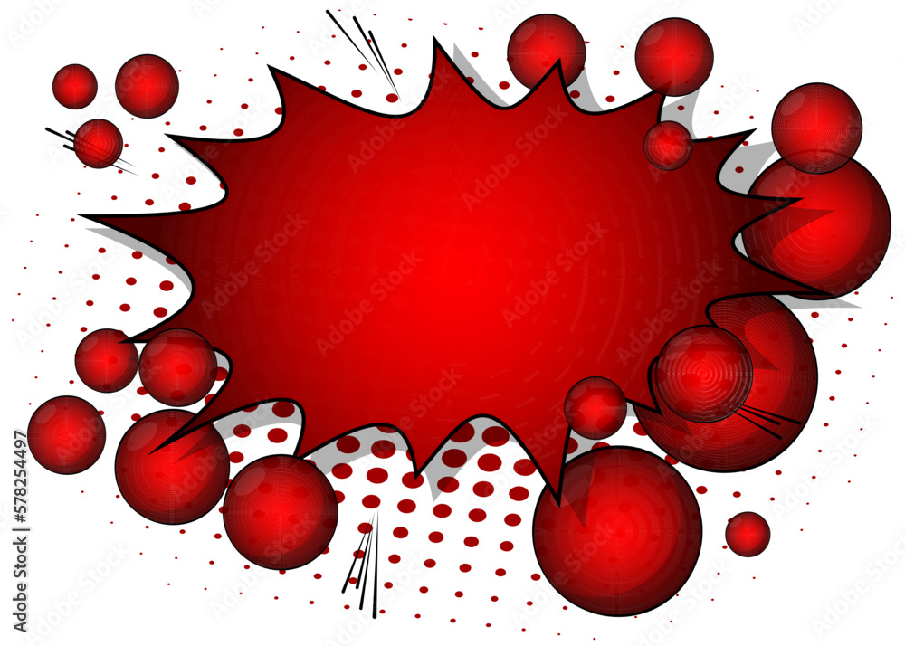Red and white comic book poster with spheres. Comics Presentation with ...