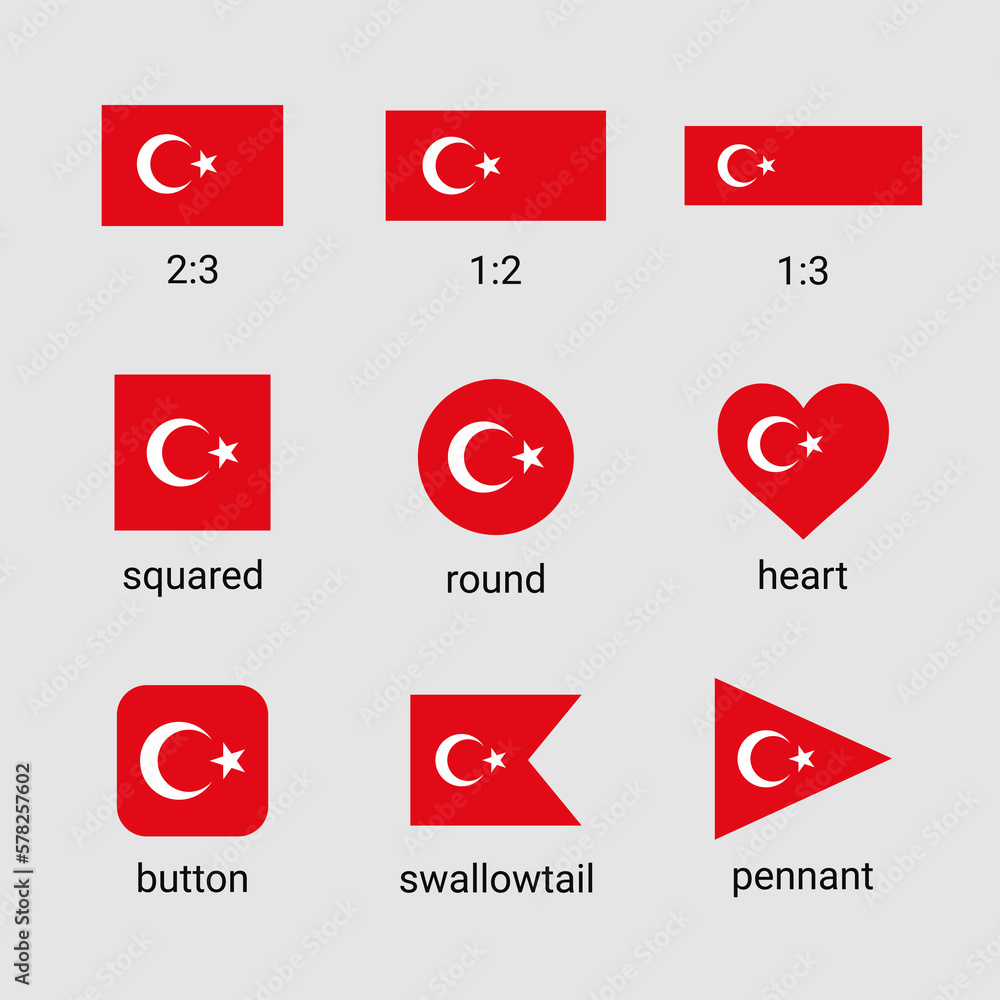 Vetor de Vector collection of Turkish flags in different shapes and ...