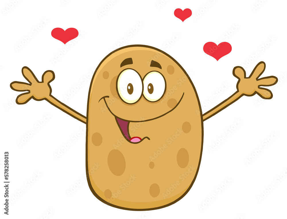 Happy Potato Cartoon Character With Hearts And Open Arms For A Hug ...