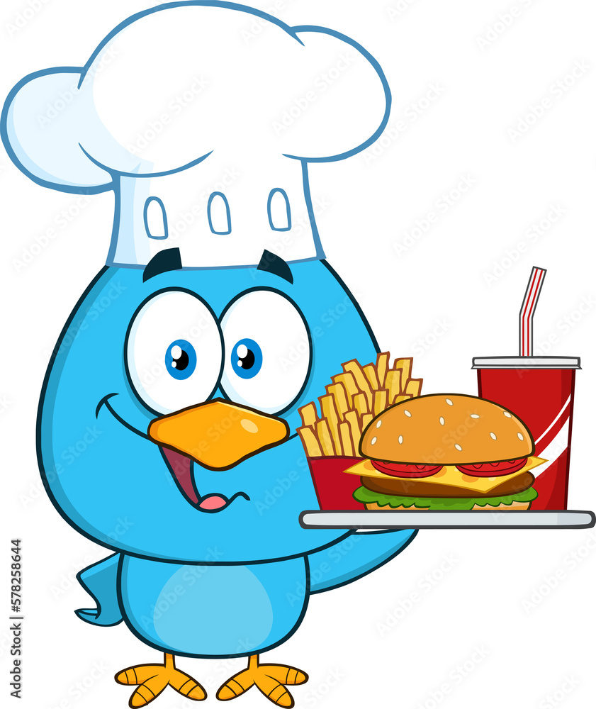 Blue Bird Chef Cartoon Character Holding A Platter With Burger, French ...