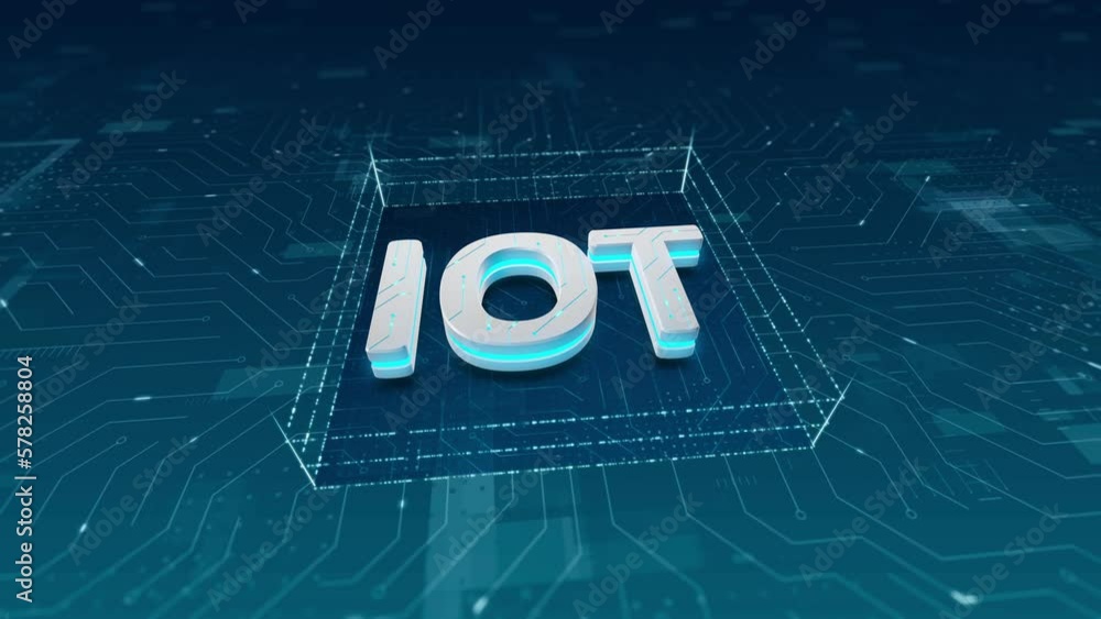 Motion graphic of 3D blue IOT letter and particles with circuit board ...