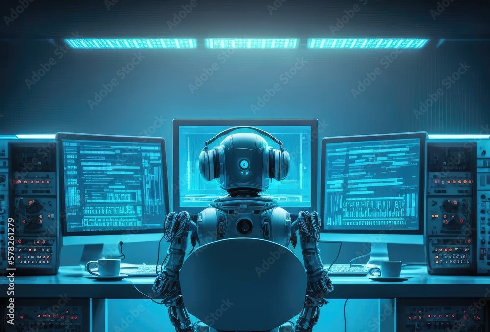 Robotics using multiple computers working and monitor data in liveing modern room , Generative ...