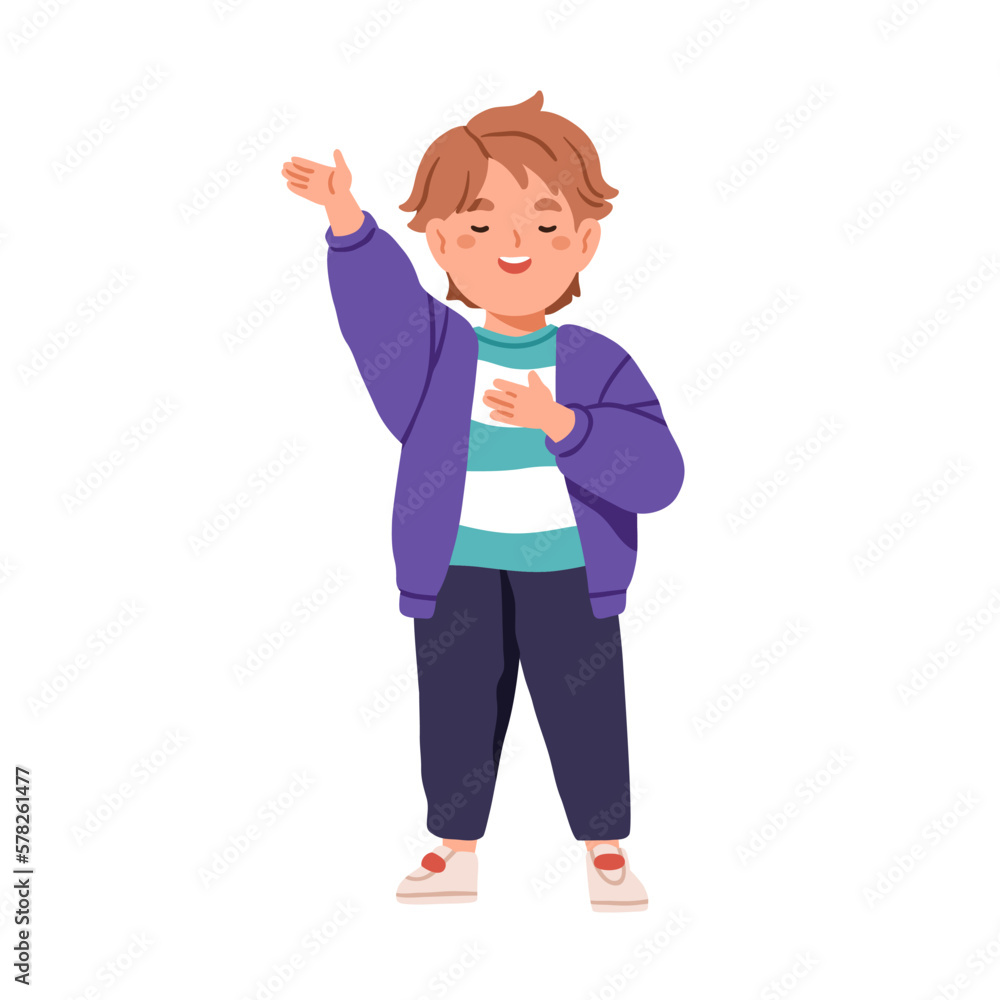 Cute kid singing song. Little child singer performing, standing and ...