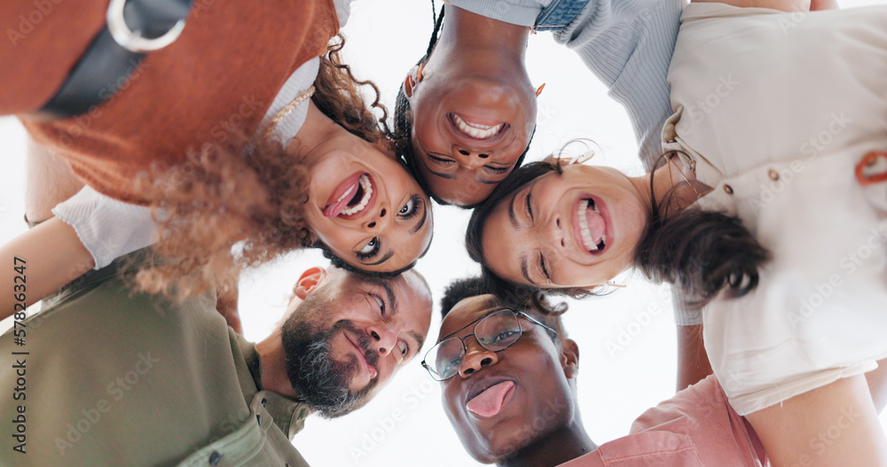 Diversity, teamwork and comic with business people from bottom for ...