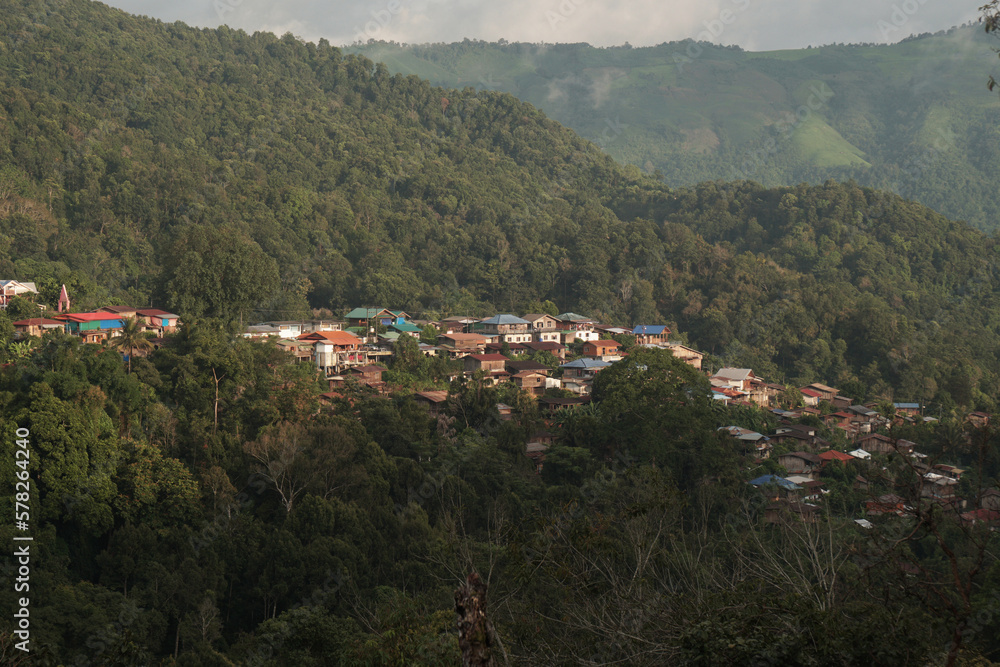 Landscape Green nature of Green Mountain with Traditional Thai House ...