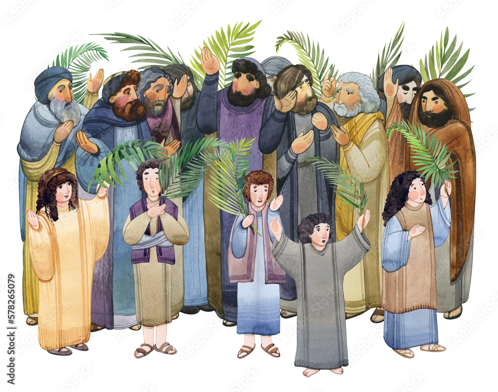 Palm Sunday watercolor hand drawn illustration, people with palm ...