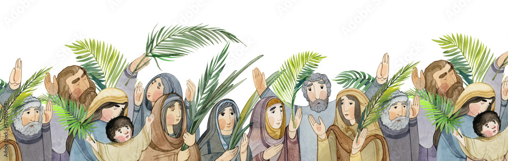 hand drawn Palm Sunday seamless border, people with palm branches ...