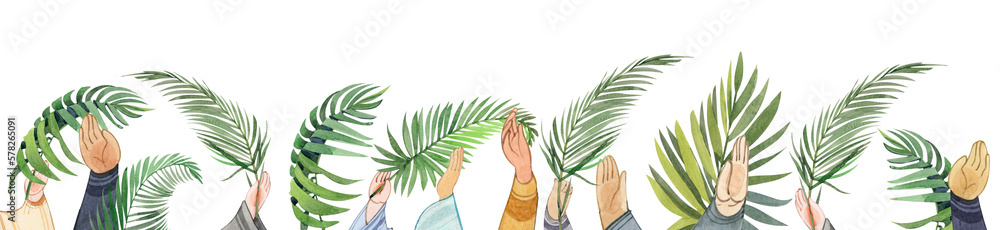 hand drawn watercolor "Palm Sunday" border, hands with palm branches ...