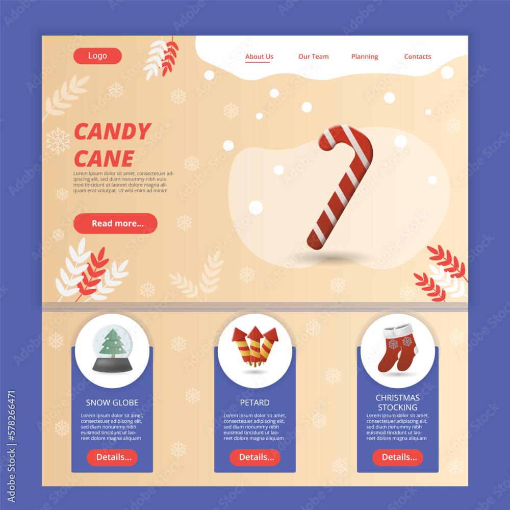 Candy cane flat landing page website template. Snow globe, petard ...