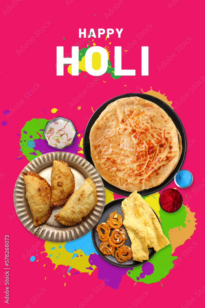 Assorted Indian Holi festival food like puranpoli, gujiya, Jalebi on ...