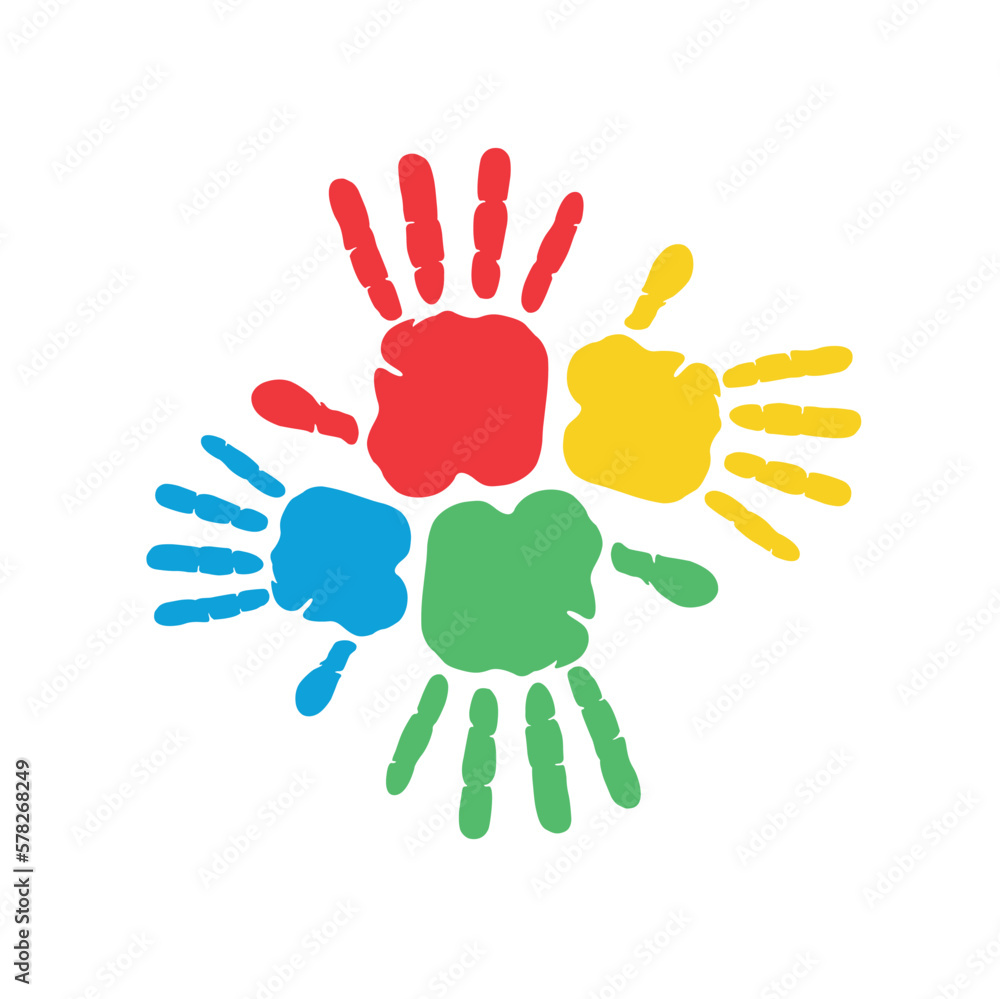 Colorful hand icons as petals of flower: happy community concept. This ...