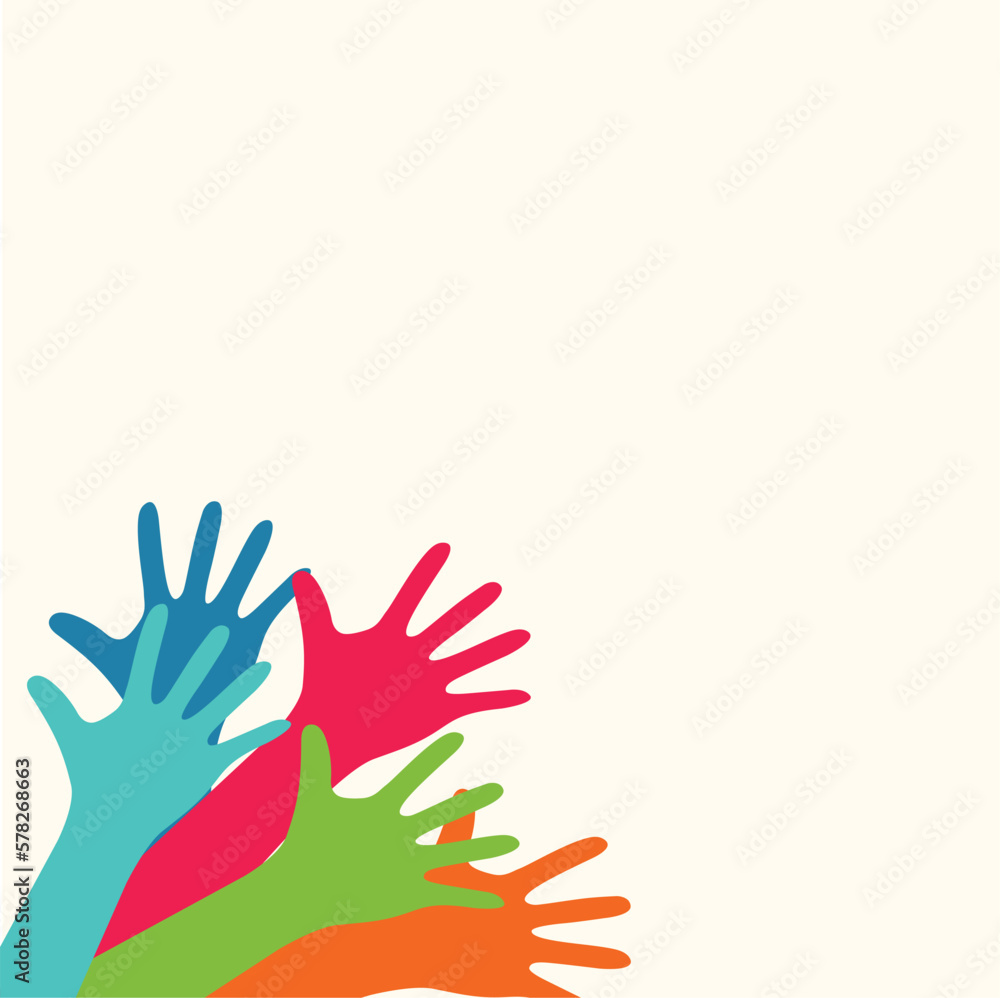 Colorful hand icons as petals of flower: happy community concept. This ...