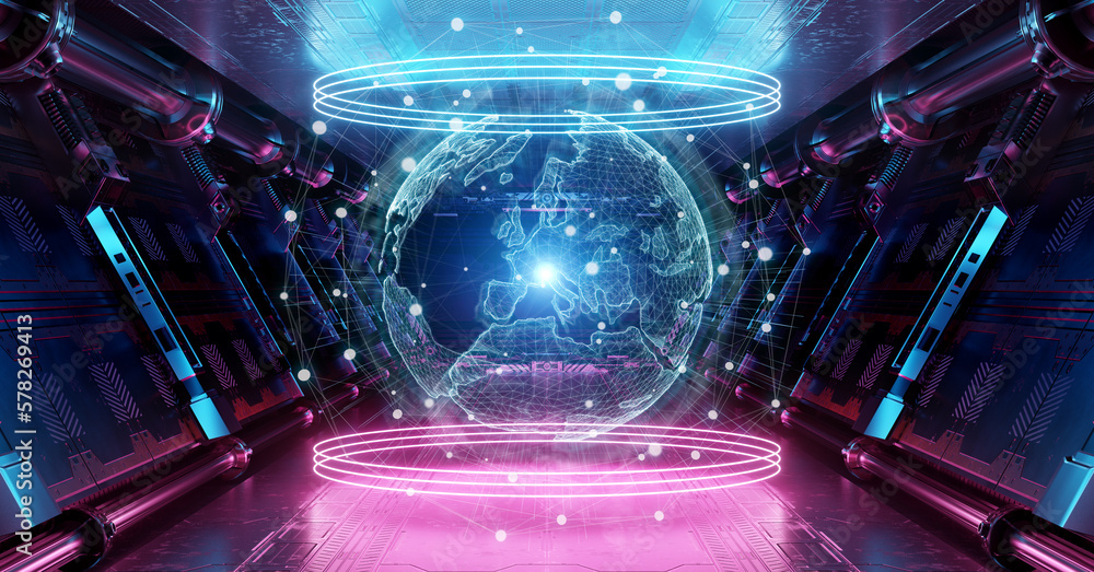Blue and pink spaceship interior with glowing world map. Futuristic ...