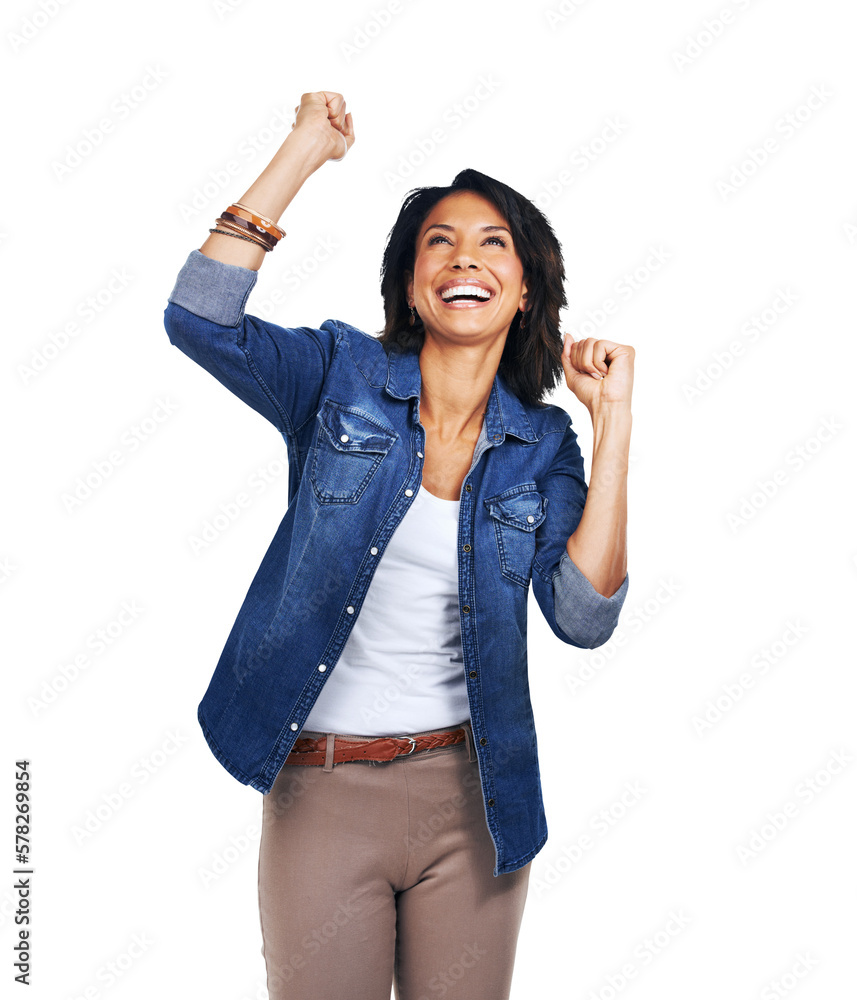 A jubilant woman expresses her excitement and celebrates a well-earned ...