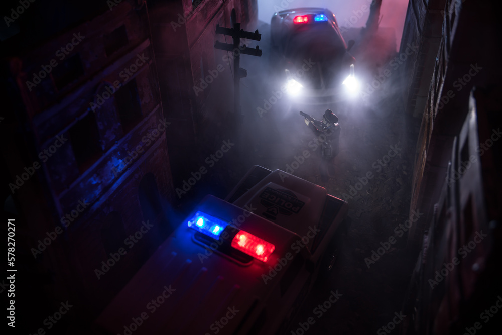 Police raid at night and you are under arrest concept. Silhouette of ...
