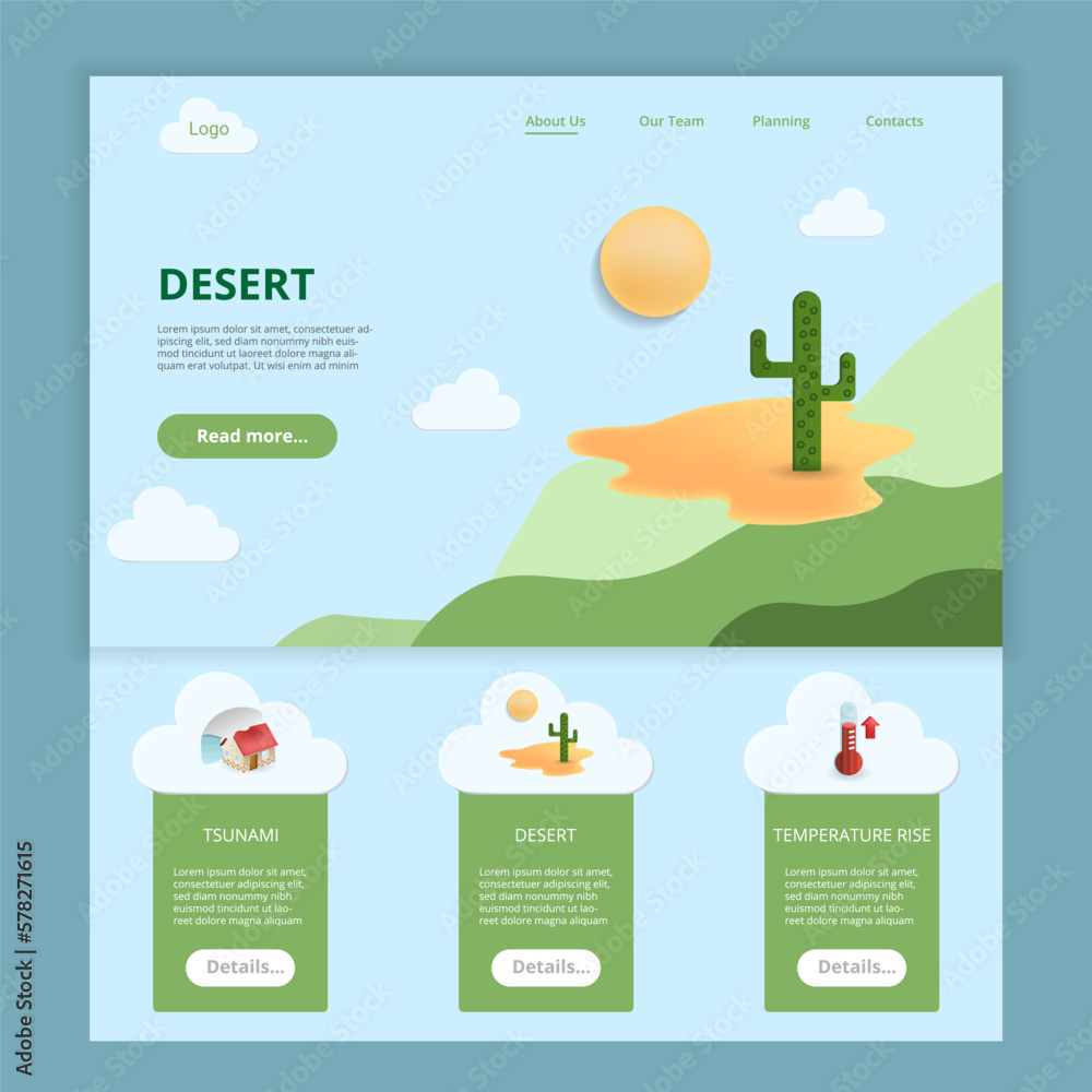 Desert flat landing page website template. Tsunami, desert, temperature ...