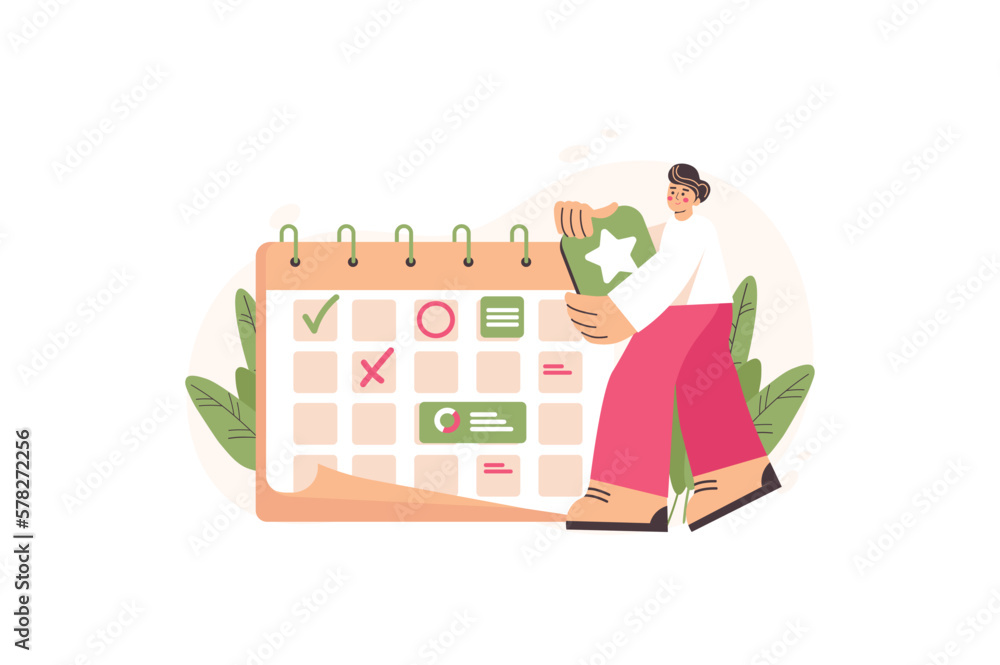 Daily planning concept with people scene in the flat cartoon style ...
