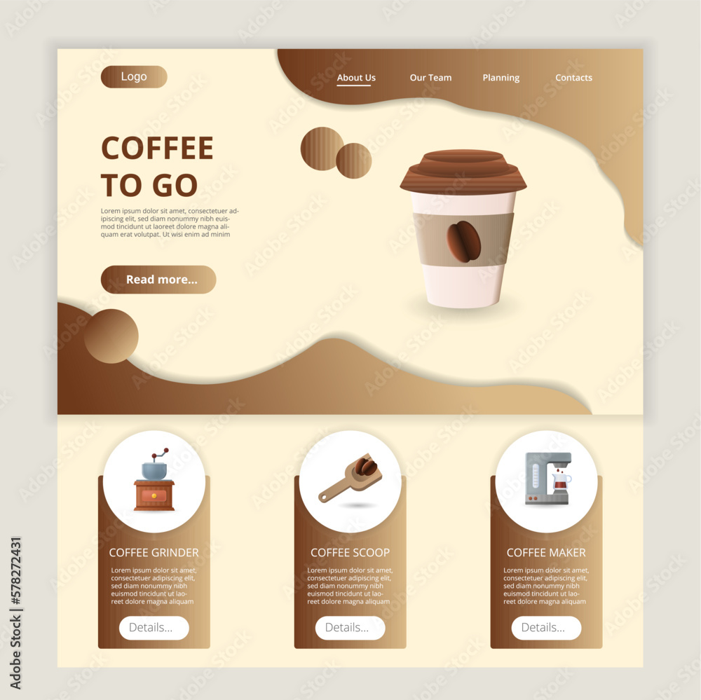 Coffee to go flat landing page website template. Coffee grinder, coffee ...