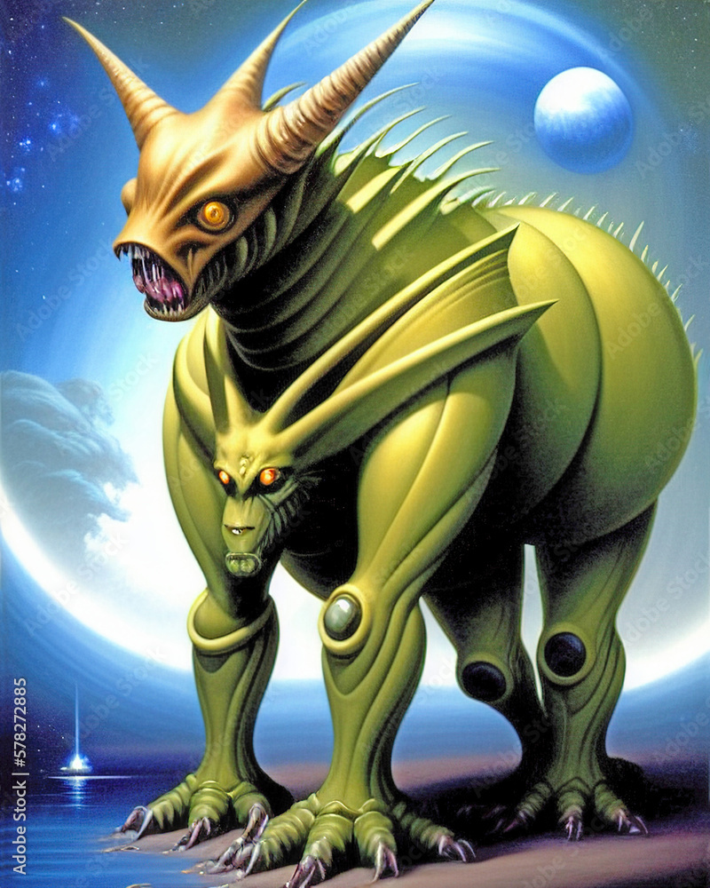 A four-legged fantasy alien monster with spiky horns and a double face ...