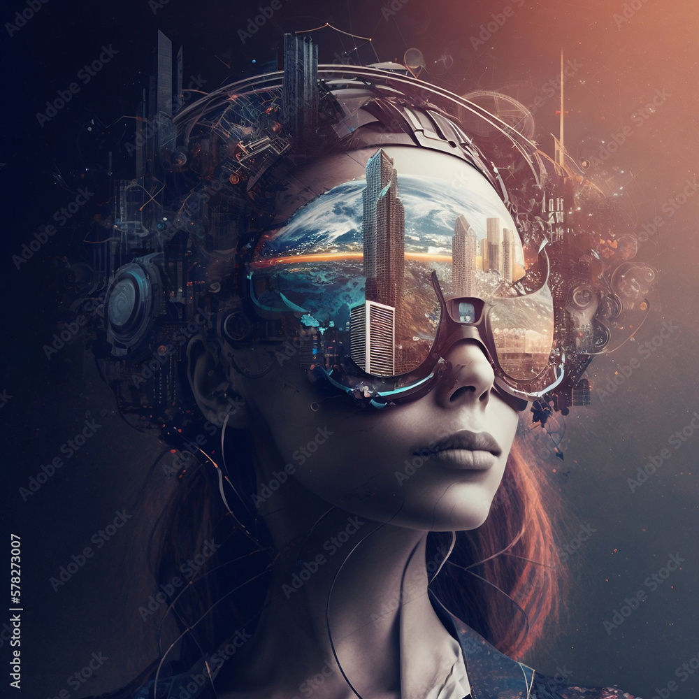 a woman's head with a futuristic city in the background, cyberpunk art ...