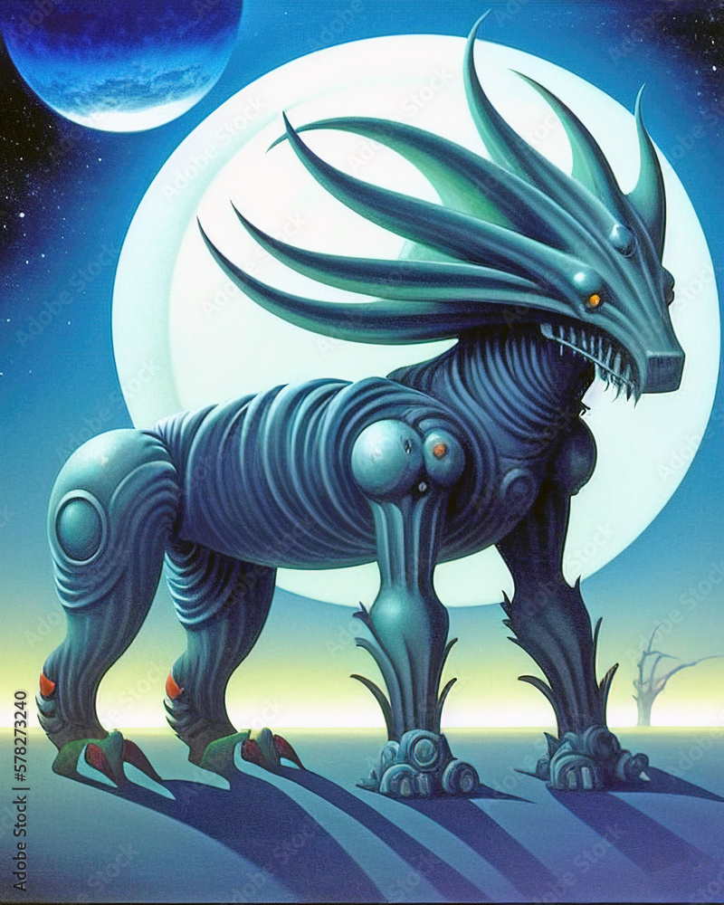 A four-legged dog-like fantasy alien monster with a mane of spiky horns ...