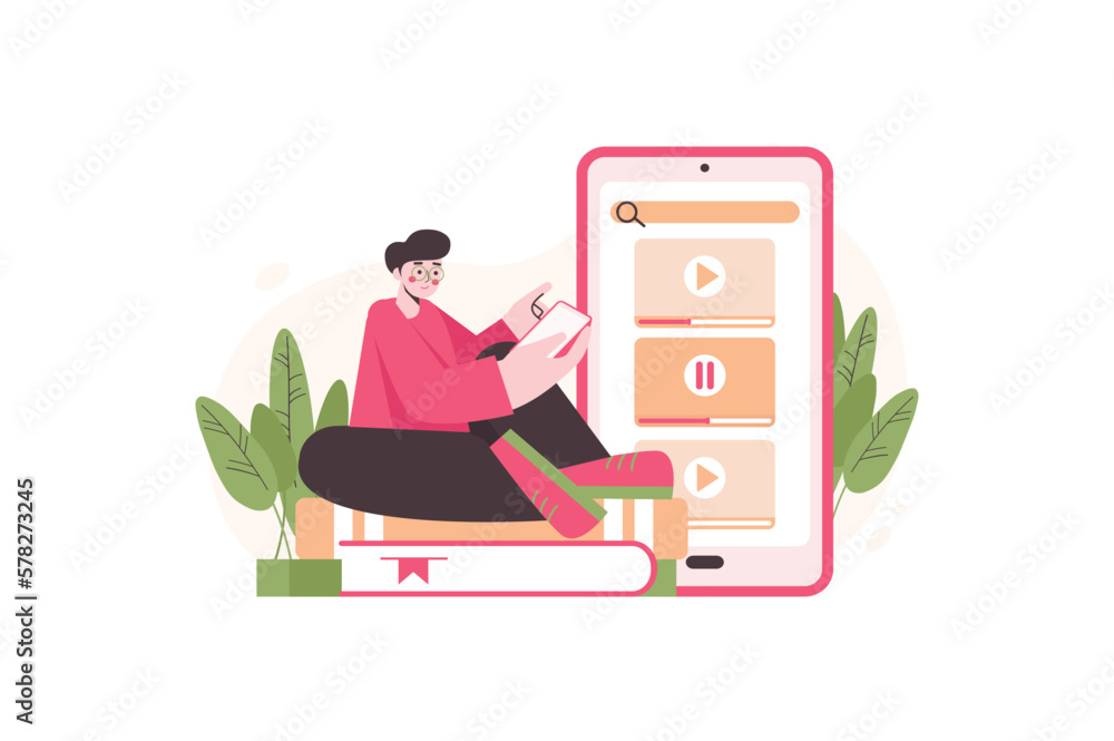 Video education concept with people scene in the flat cartoon design ...