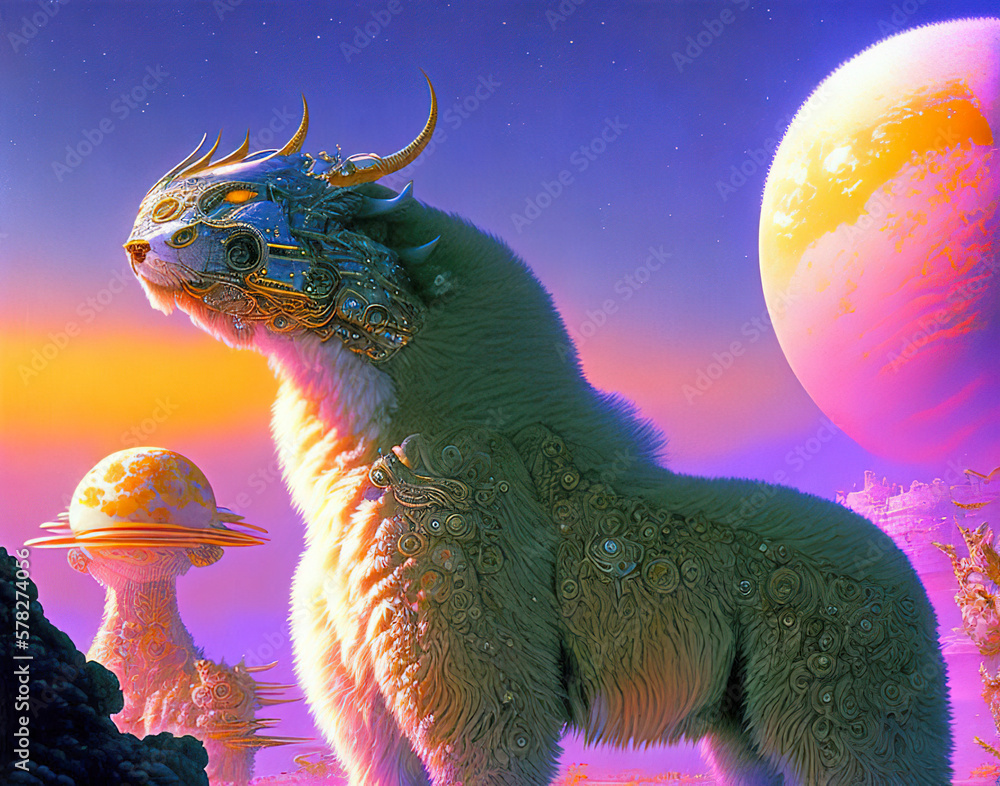 Wooly alien creature with horns, a cross between a lion and a sheep ...