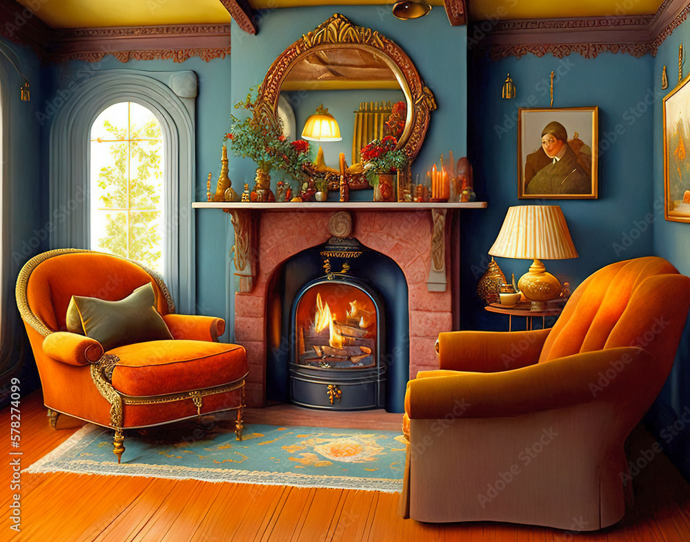 Vintage cosy cottage living room interior with fireplace and ...