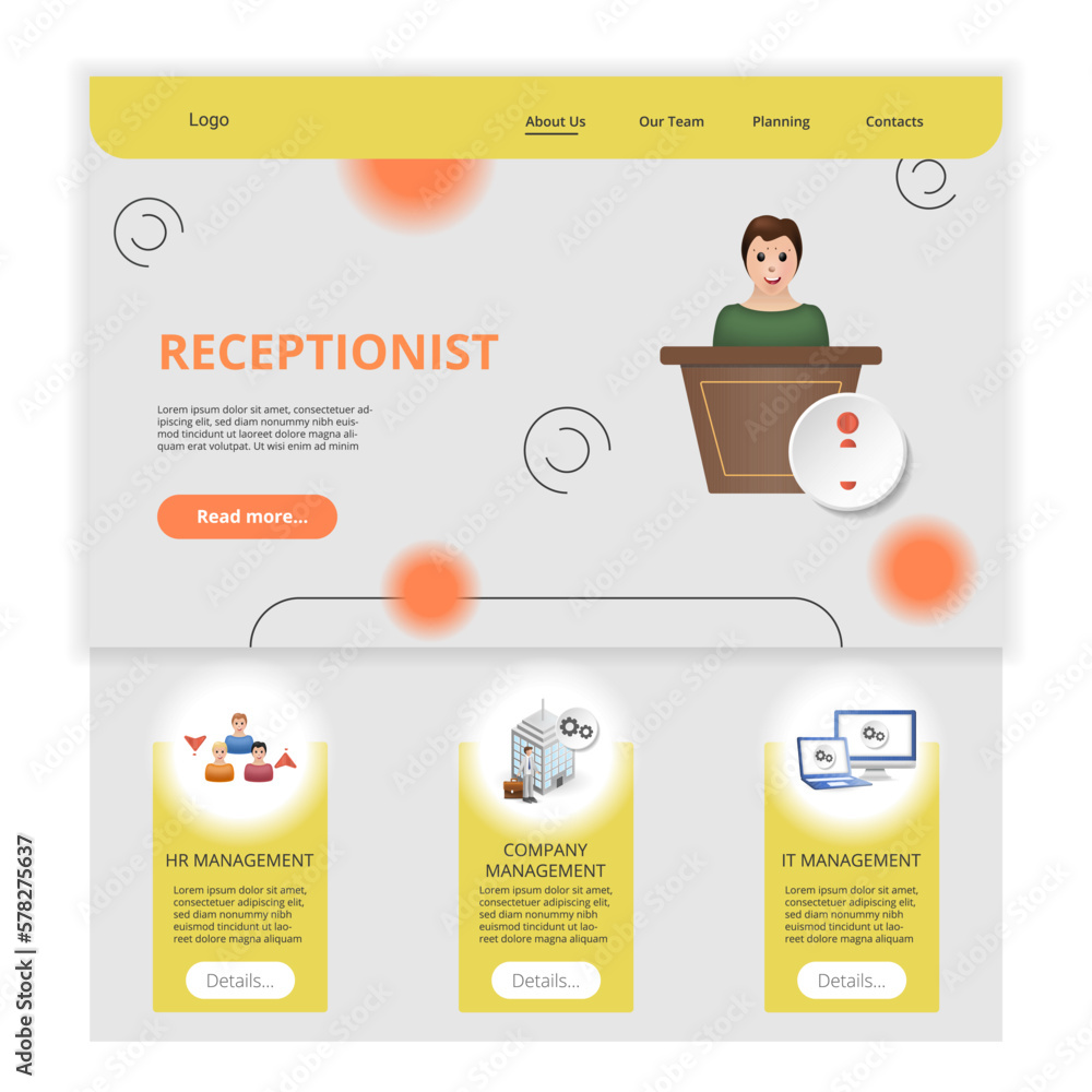 Receptionist flat landing page website template. HR management, company ...