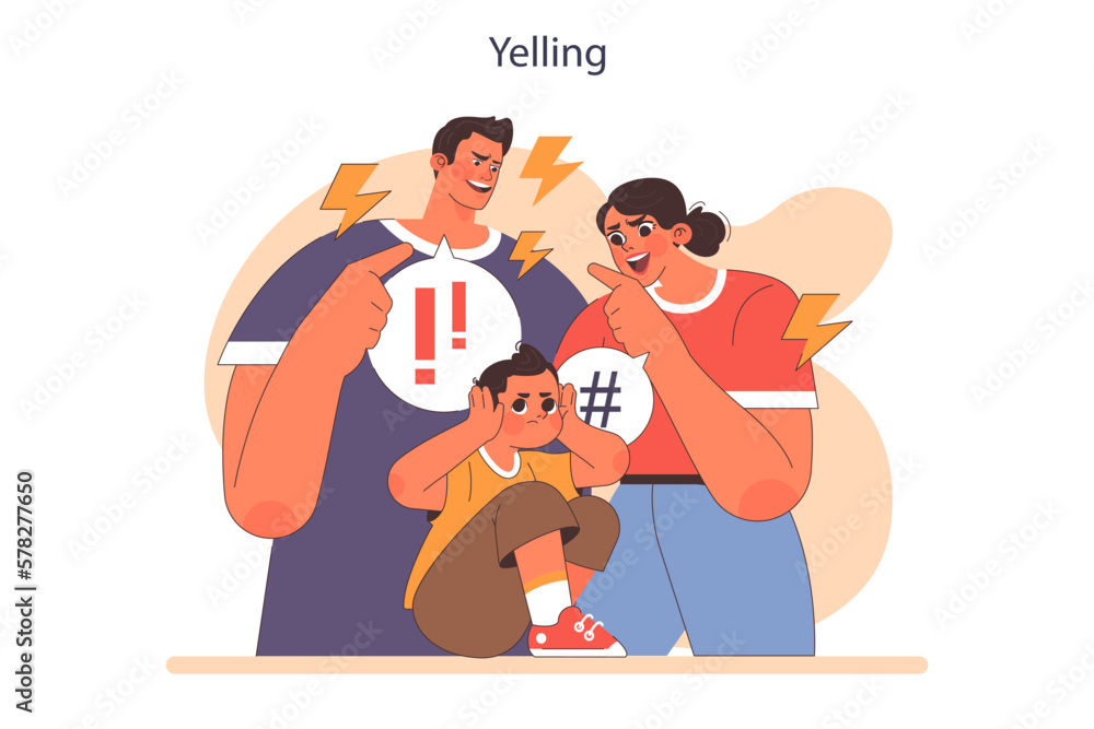 Vetor de Yelling, verbal and emotional abuse of a child. Agression and conflict. do Stock ...