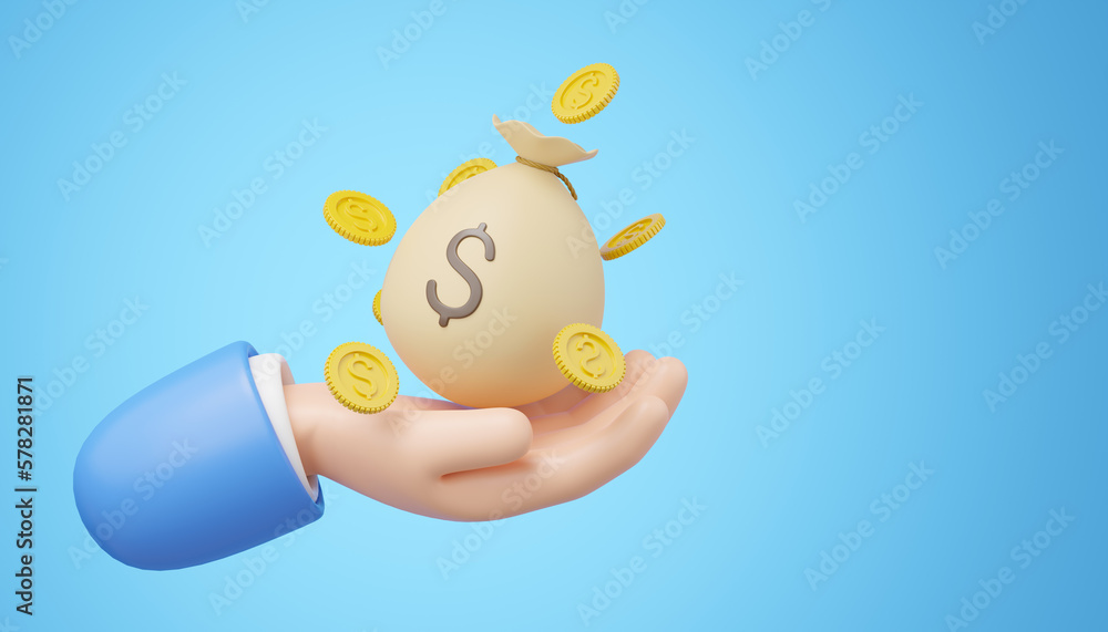 3D money bag and gold coin float and dropping in hand isolated blue ...