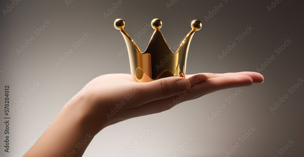 Royal: A small gold crown held on one hand. Light dark studio ...