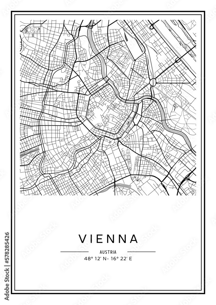 Poster Black and white printable Vienna city map, poster design, vector ...