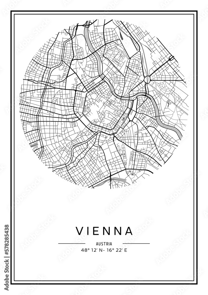 Black and white printable Vienna city map, poster design, vector ...