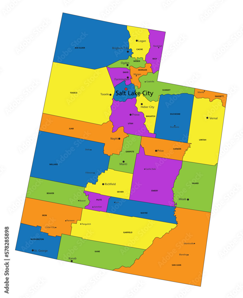 Colorful Utah political map with clearly labeled, separated layers ...